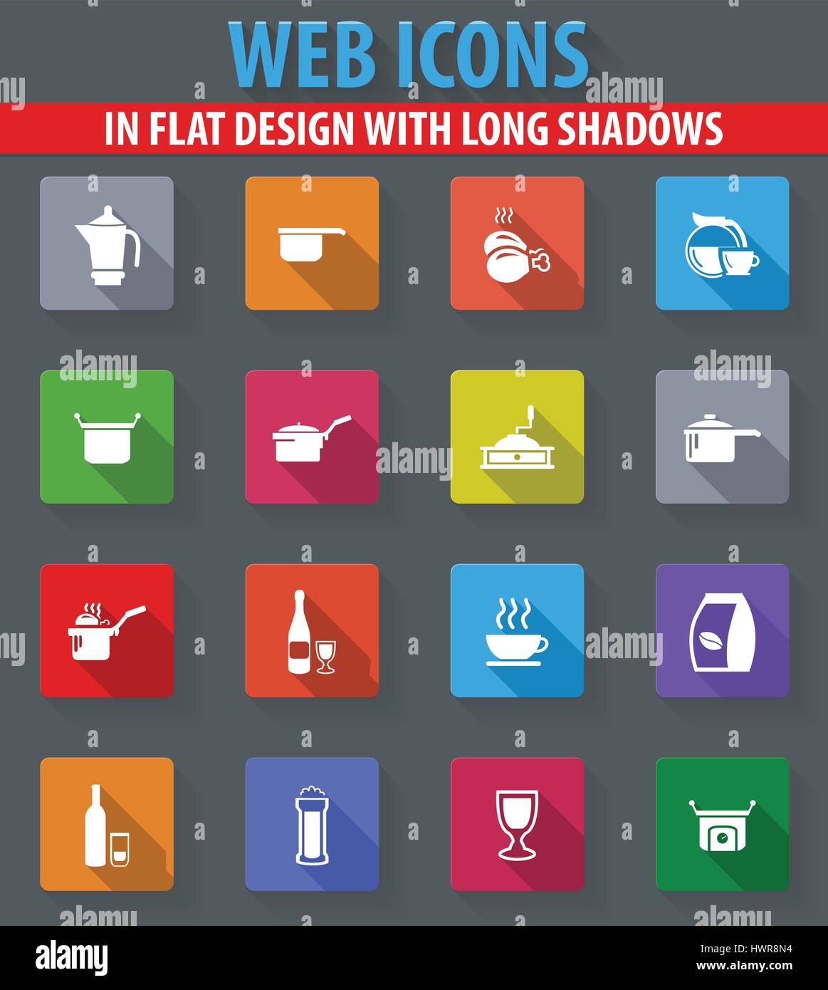 Food and kitchen web icons in flat design with long shadows Stock ...