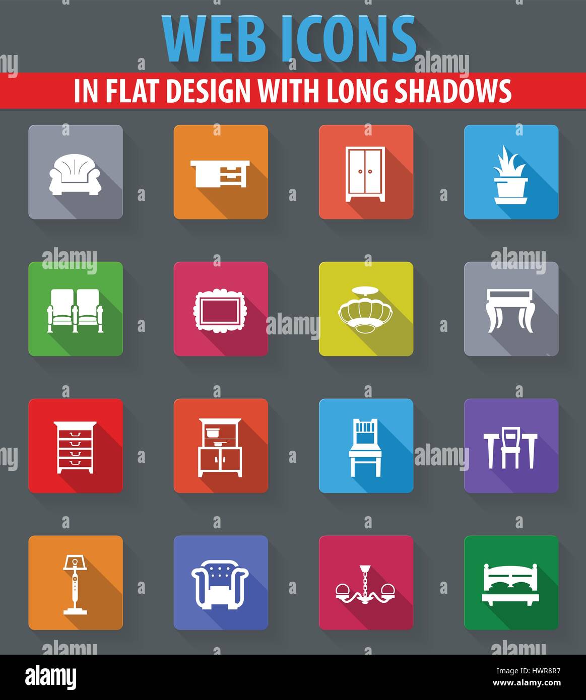Furniture web icons in flat design with long shadows Stock Vector Image ...