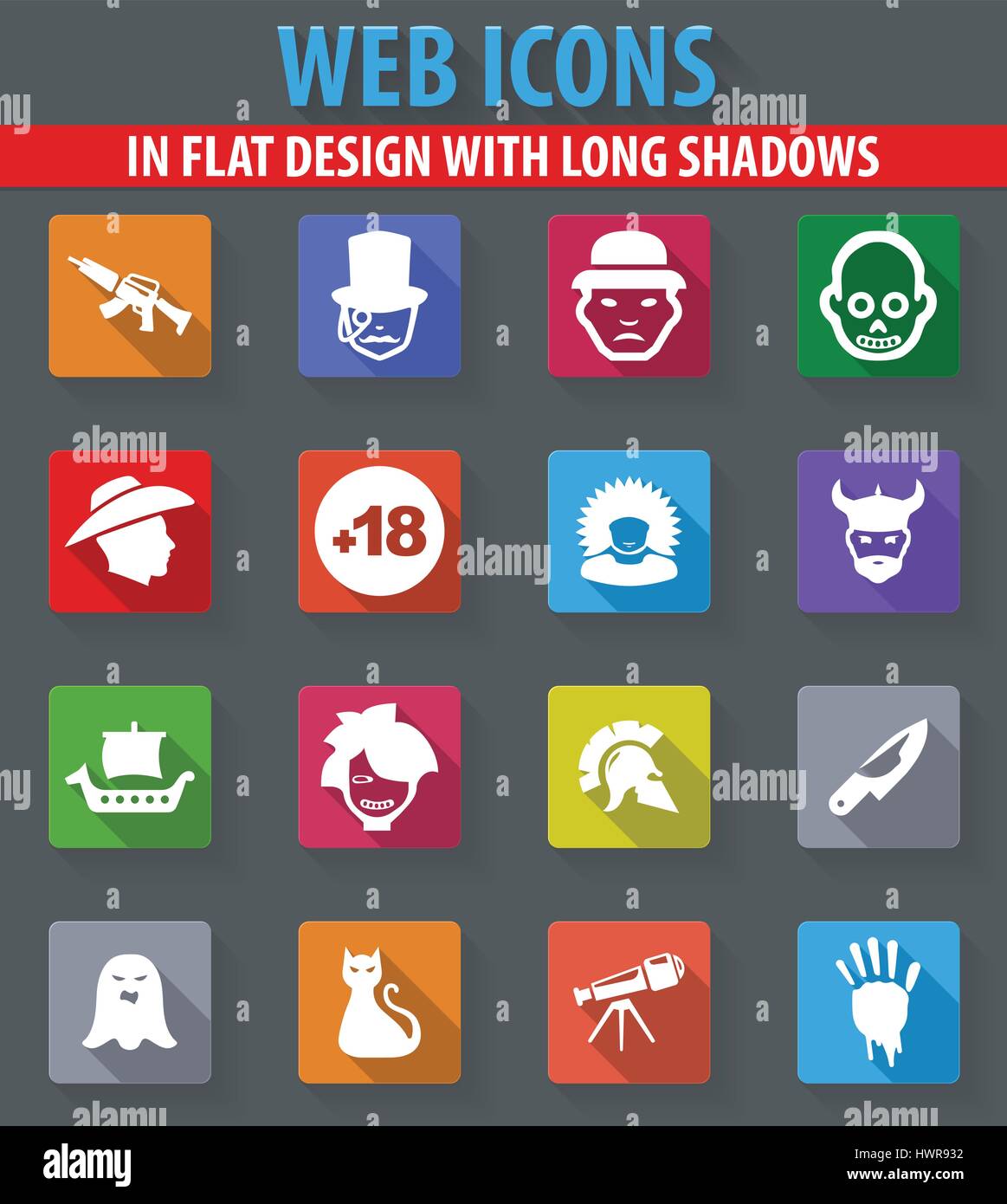 Set of movie genres web icons in flat design with long shadows Stock ...