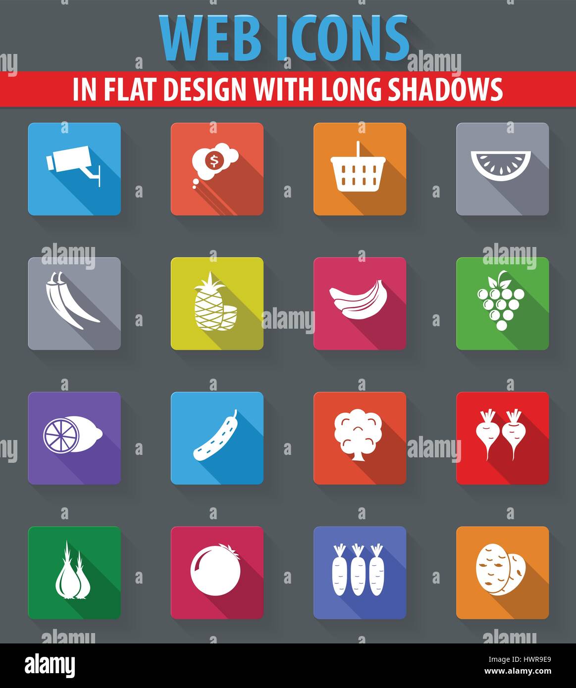 Grocery store web icons in flat design with long shadows Stock Vector ...