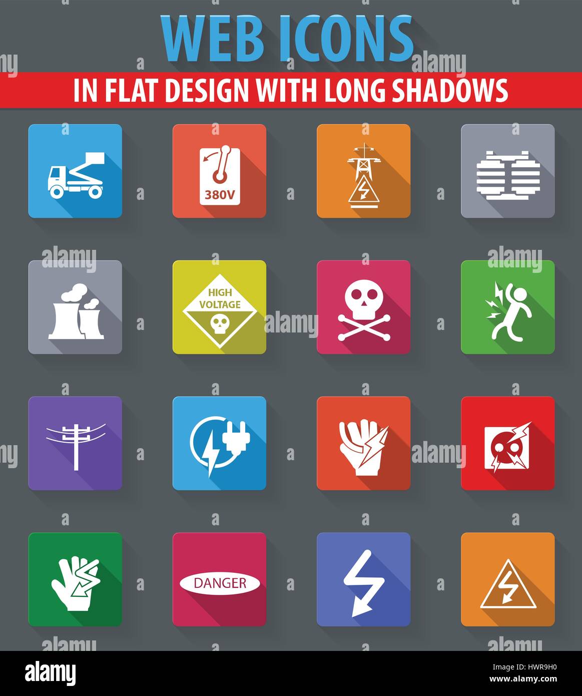 High voltage web icons in flat design with long shadows Stock Vector ...
