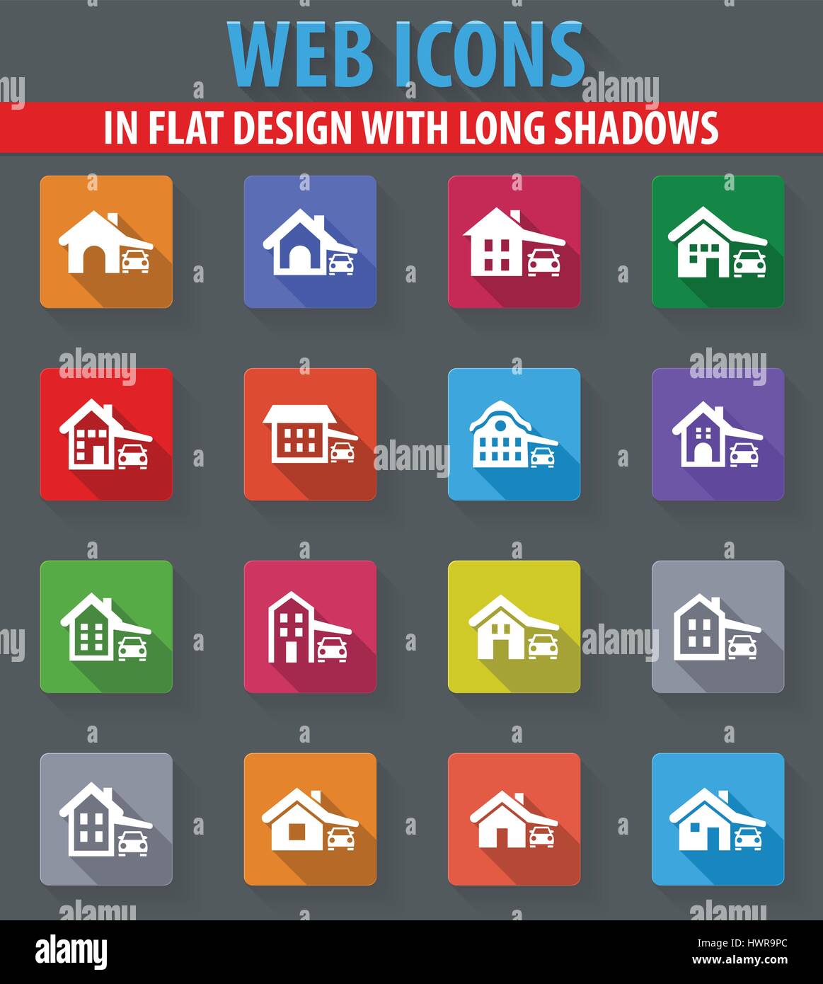 house type web icons in flat design with long shadows Stock Vector ...