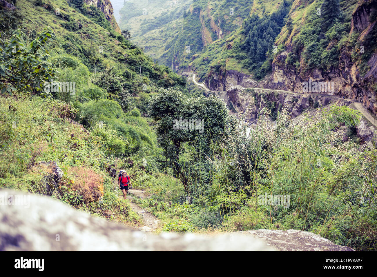 Female backpacker climbing with backpack in Himalayas, Nepal. Trekking ...