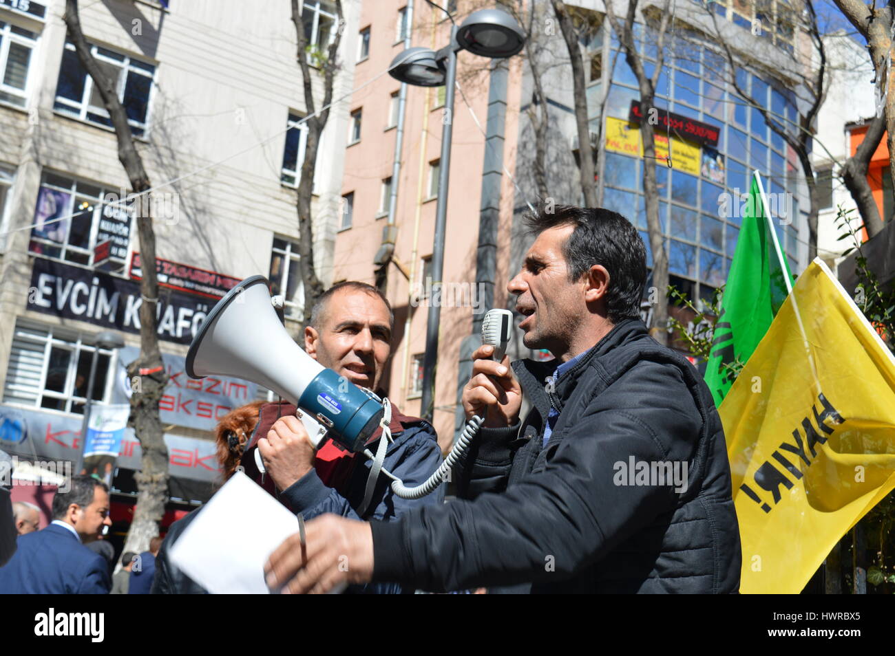 Ankara, Turkey. 22nd Mar, 2017. Man speaks on megaphone at 'No ...