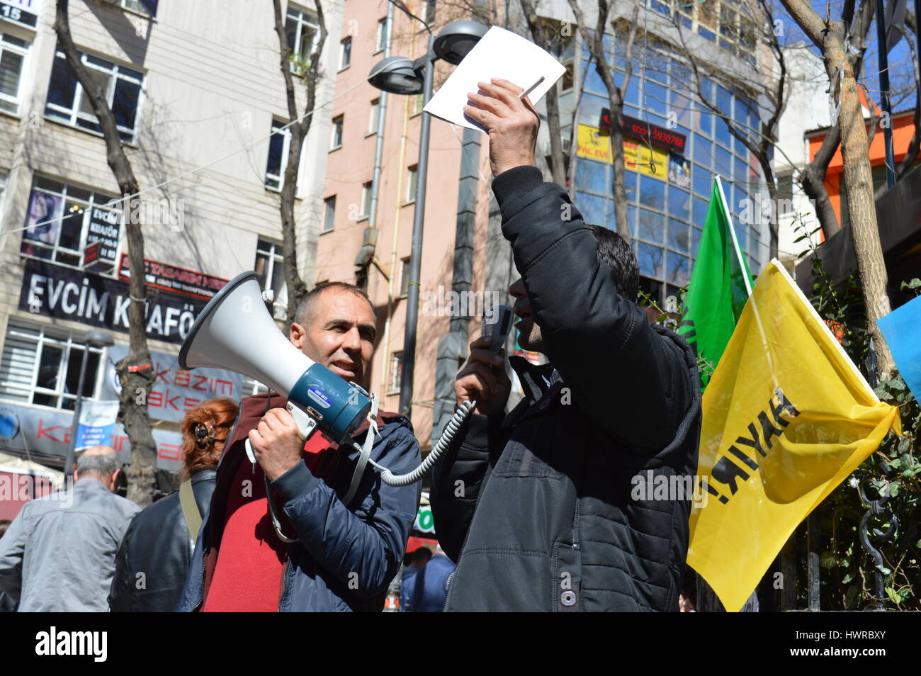 Ankara, Turkey. 22nd Mar, 2017. Man speaks on megaphone at 'No ...