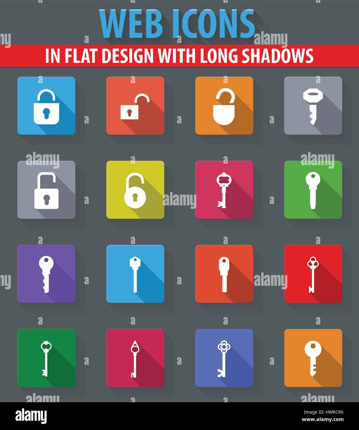 Lock and Key web icons in flat design with long shadows Stock Vector ...