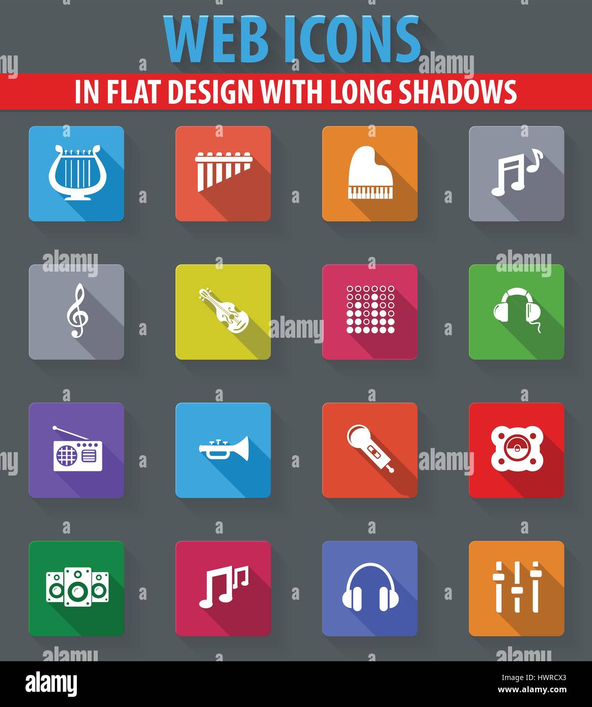 Music web icons in flat design with long shadows Stock Vector Image ...