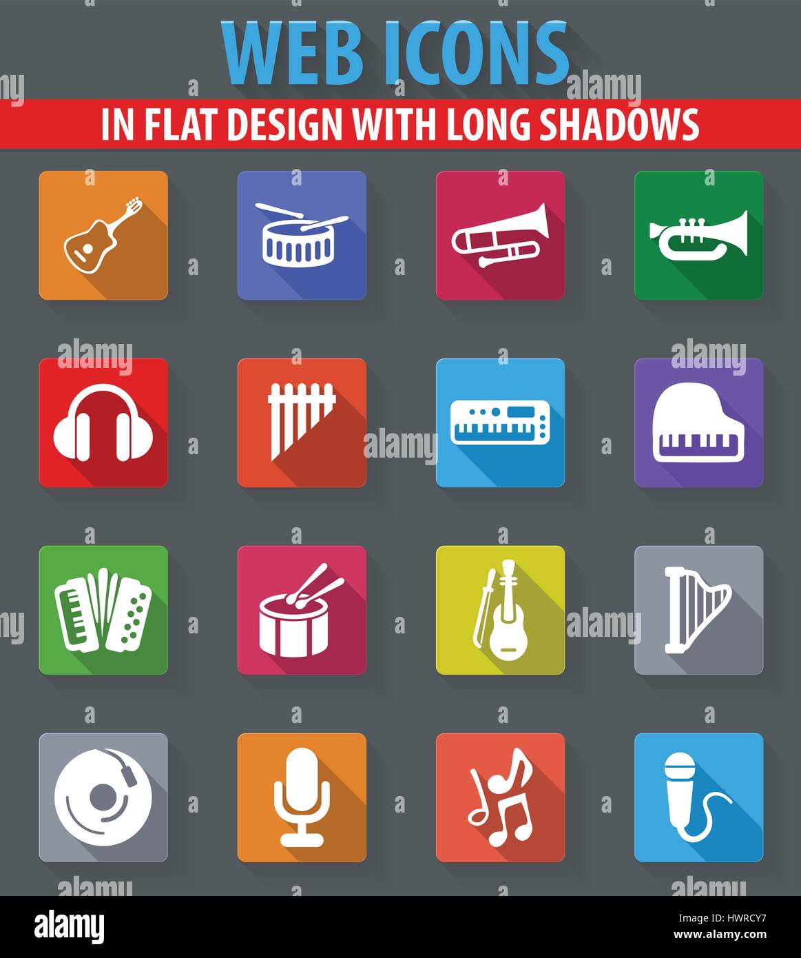 Music web icons in flat design with long shadows Stock Vector Image ...