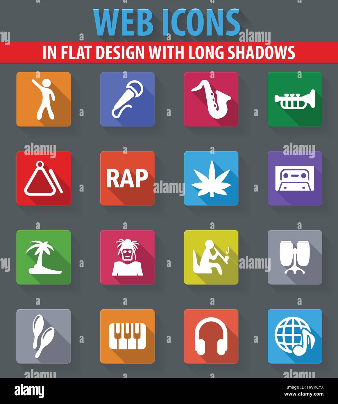 Rap Music web icons in flat design with long shadows Stock Vector Image ...