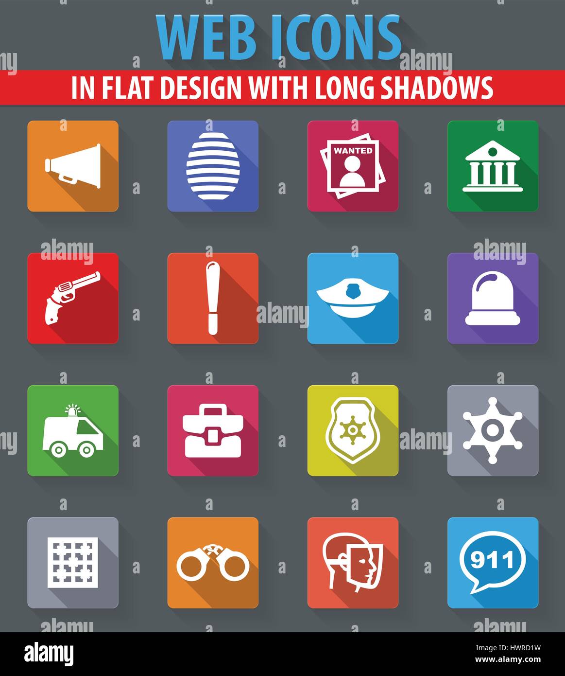 Police web icons in flat design with long shadows Stock Vector Image ...