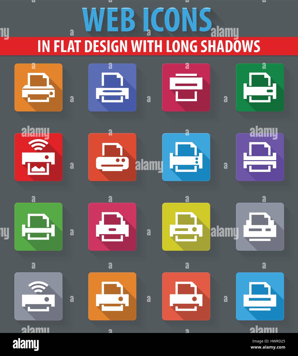 Print web icons in flat design with long shadows Stock Vector Image ...