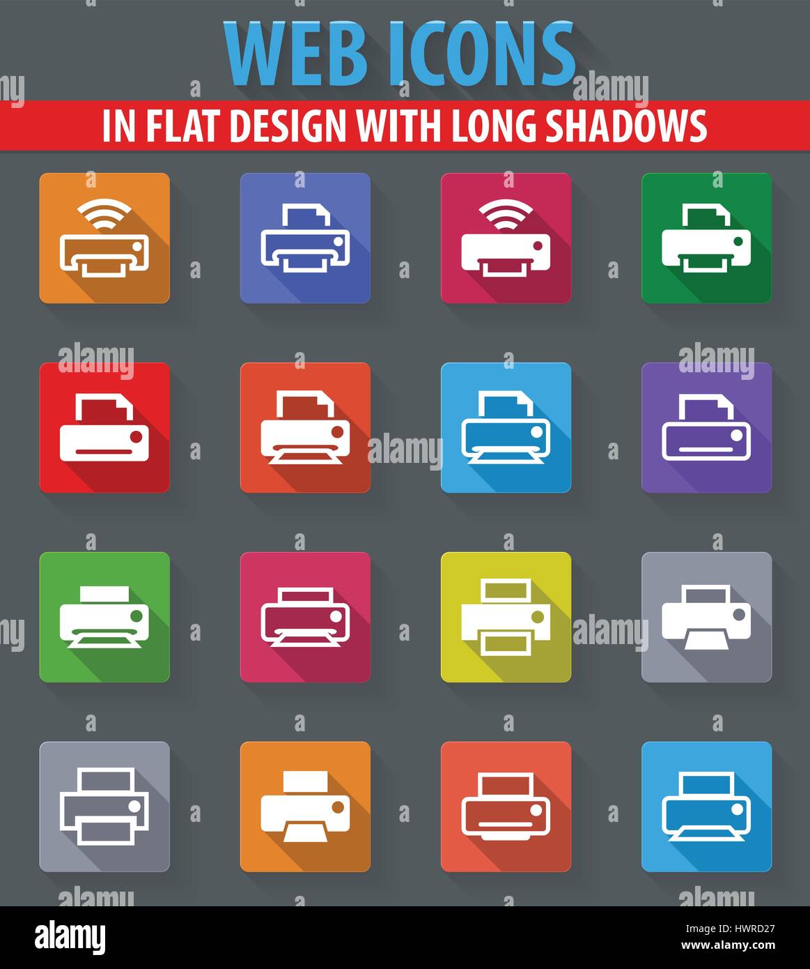 Print web icons in flat design with long shadows Stock Vector Image ...