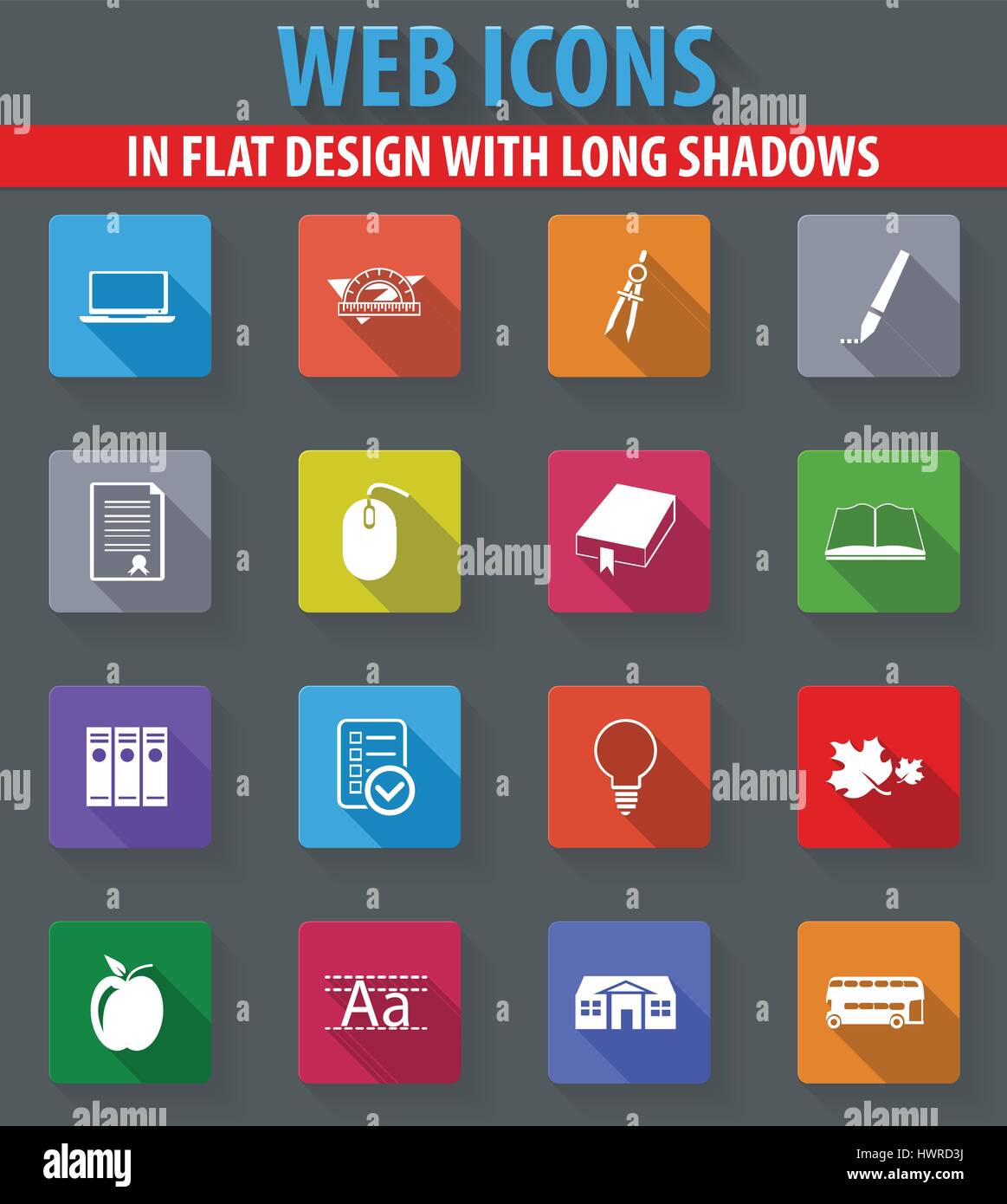 School web icons in flat design with long shadows Stock Vector Image ...