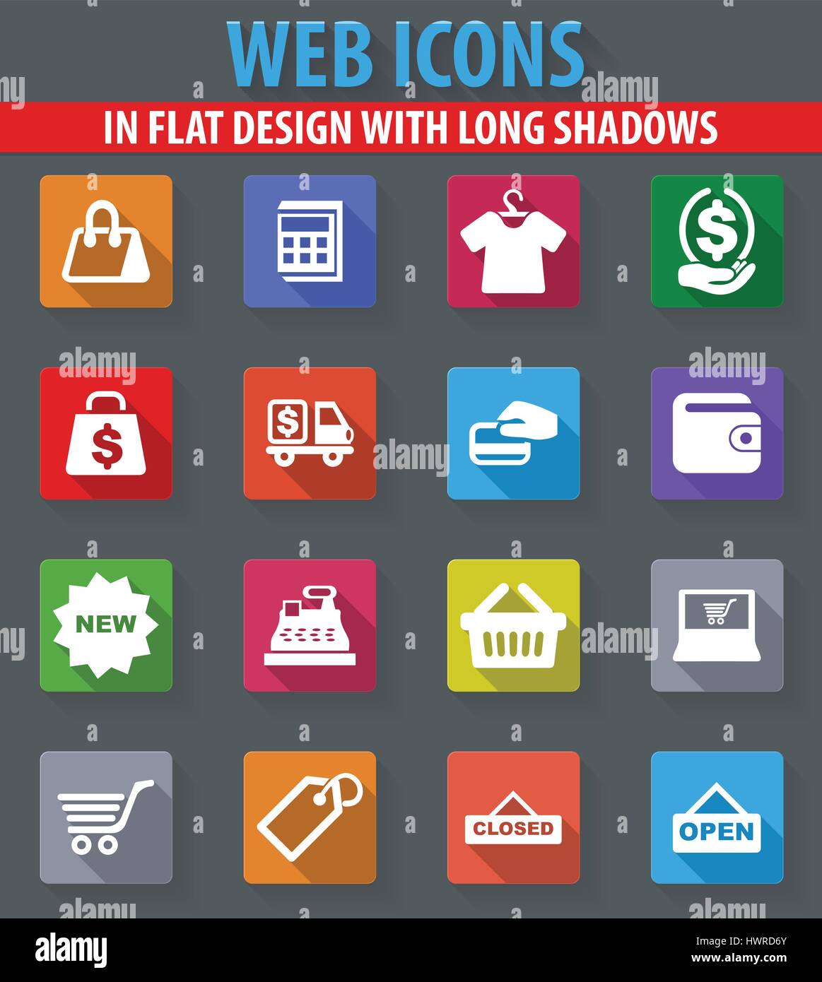 Shop web icons in flat design with long shadows Stock Vector Image ...