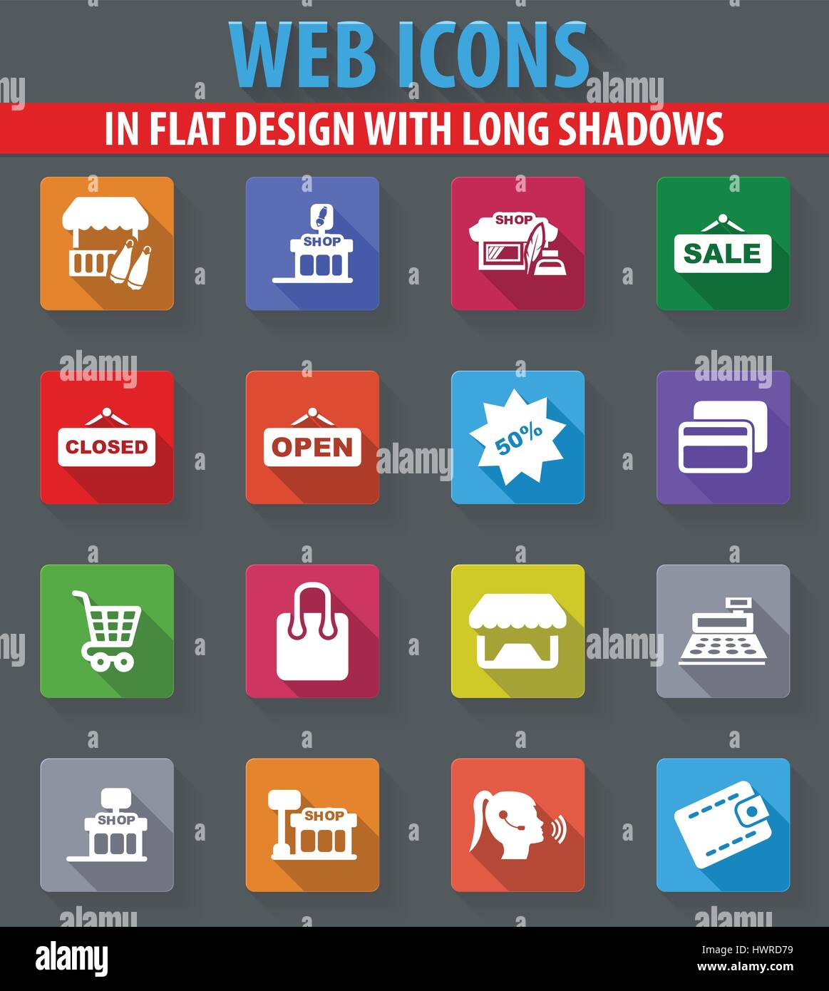 Shop web icons in flat design with long shadows Stock Vector Image ...