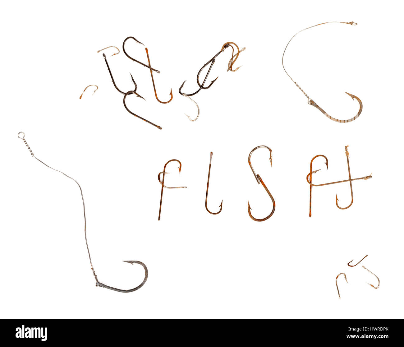 Word F I S H and old rusty fish hooks. Isolated on white background ...