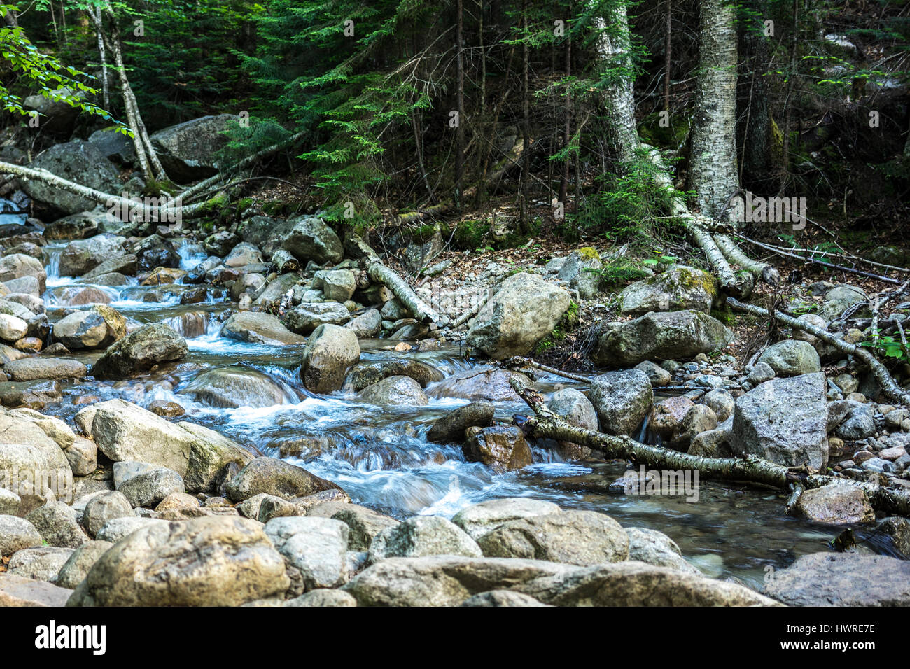 A babbling brook spills downhill along the rocks in New Hampshire's ...