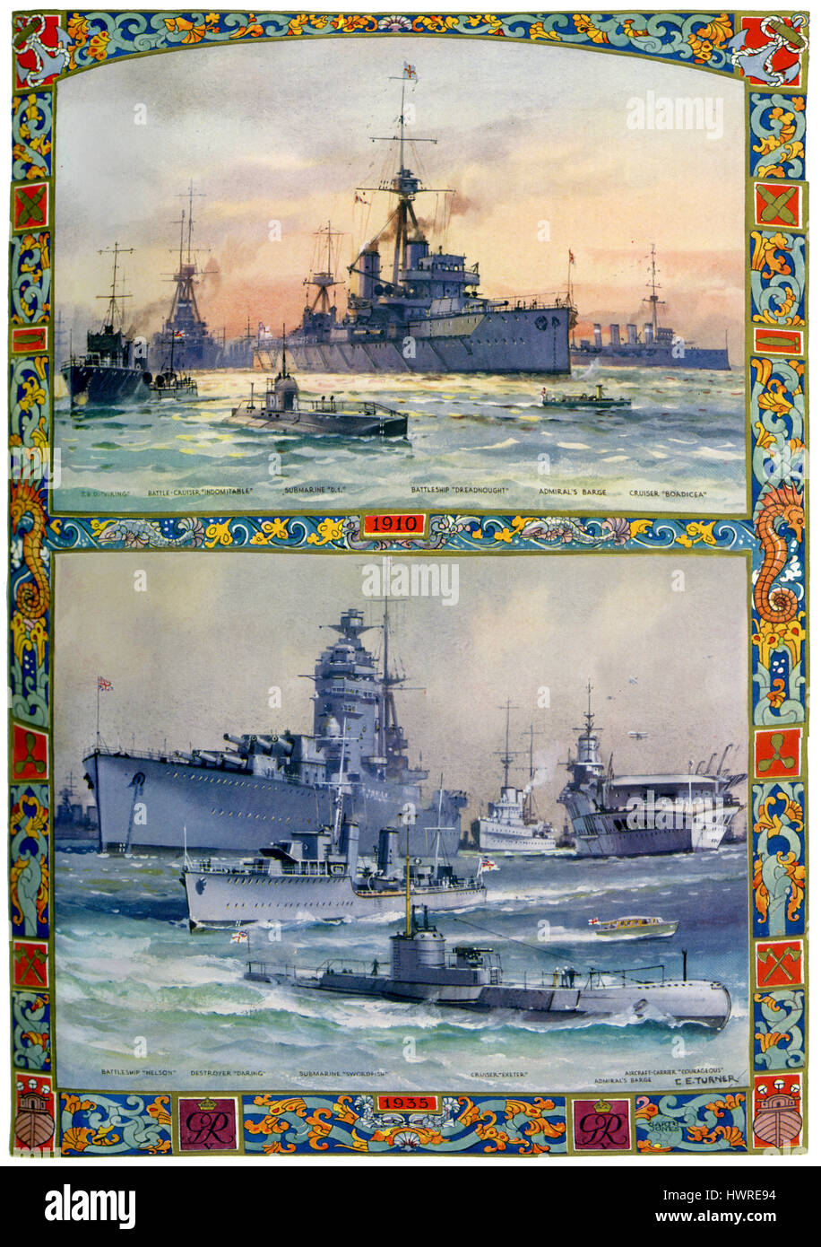 British warships, 1910 and 1935. Top: 1910 ships - TBD 'Viking', battle ...