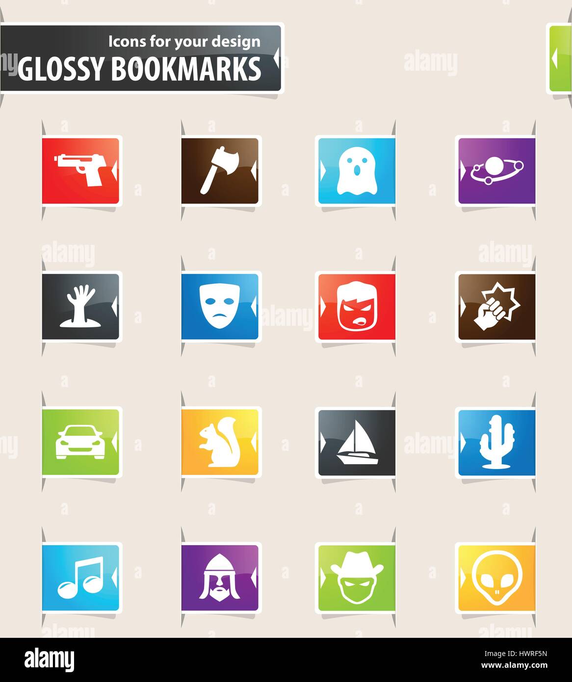 Set of movie genres icons for your design glossy bookmarks Stock Vector ...
