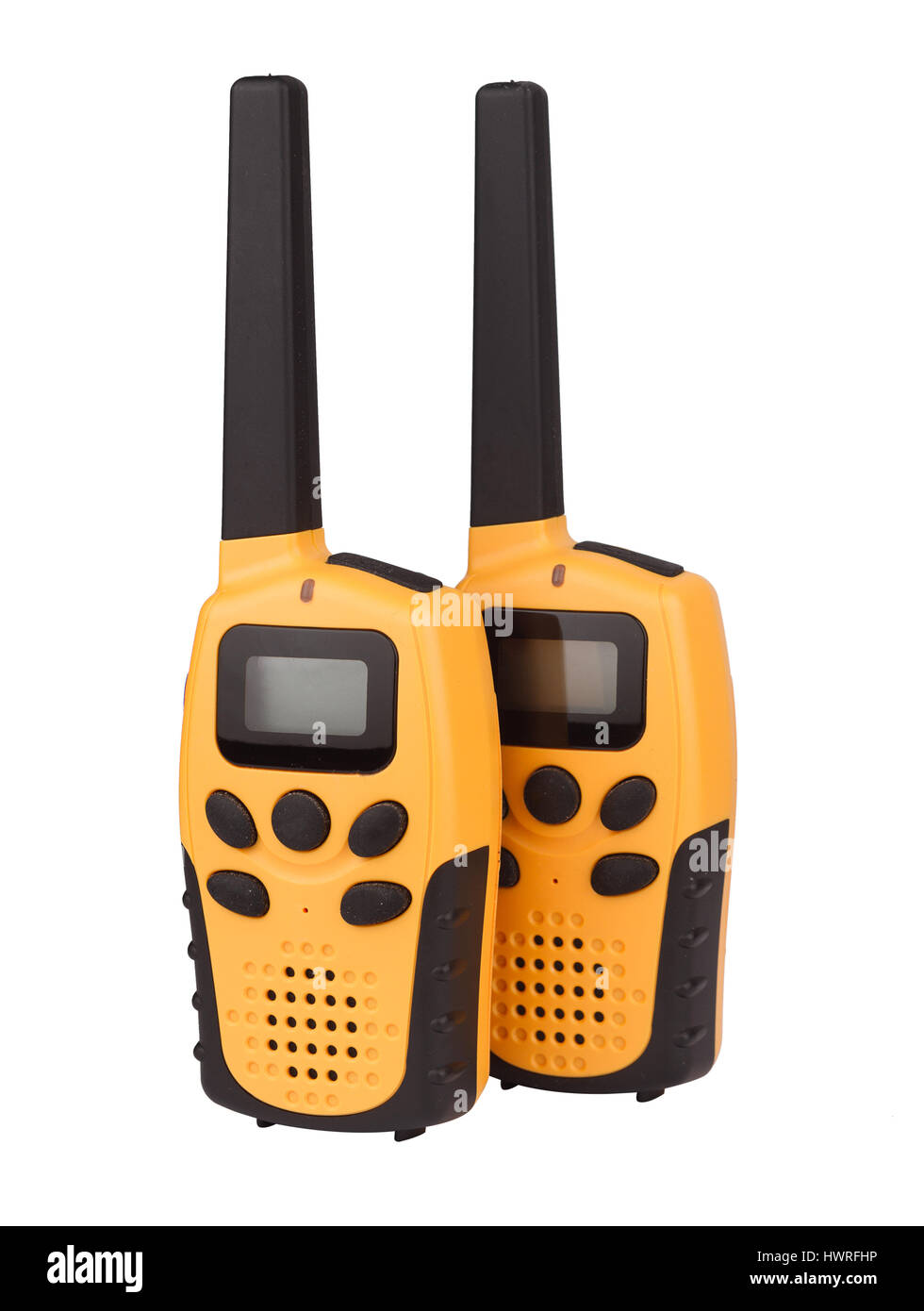 front view of a pair of yellow walkie talkie with black keypad isolated ...