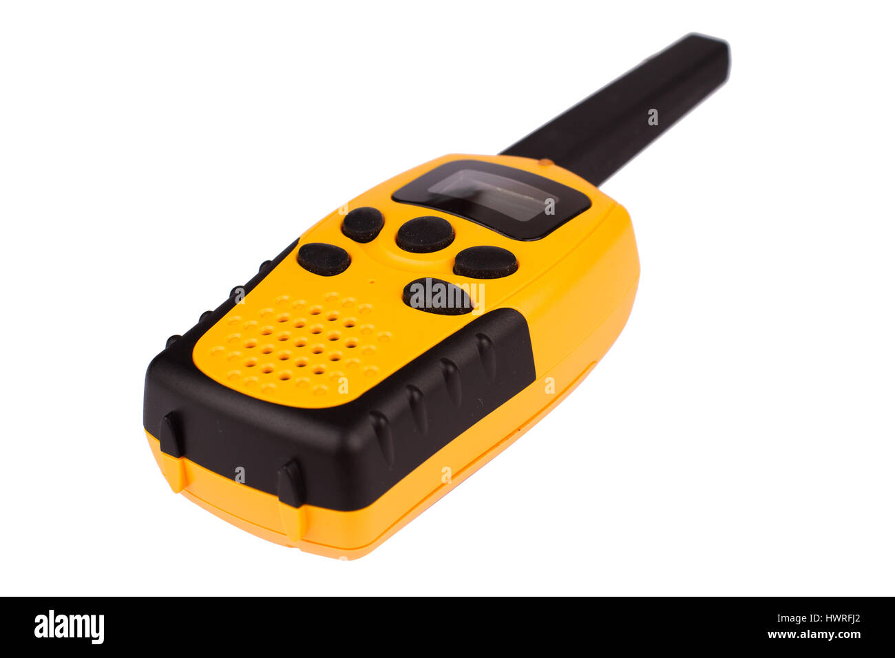 low angle of yellow walkie talkie with black keypad isolated on white ...