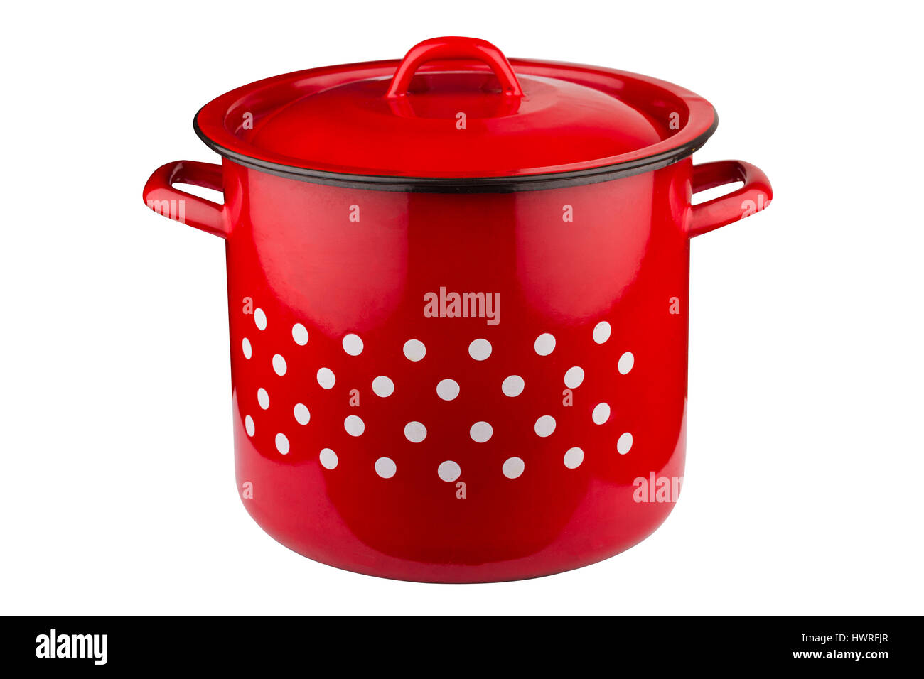 horizontal front view of a large metallic classic cooking red pot with ...