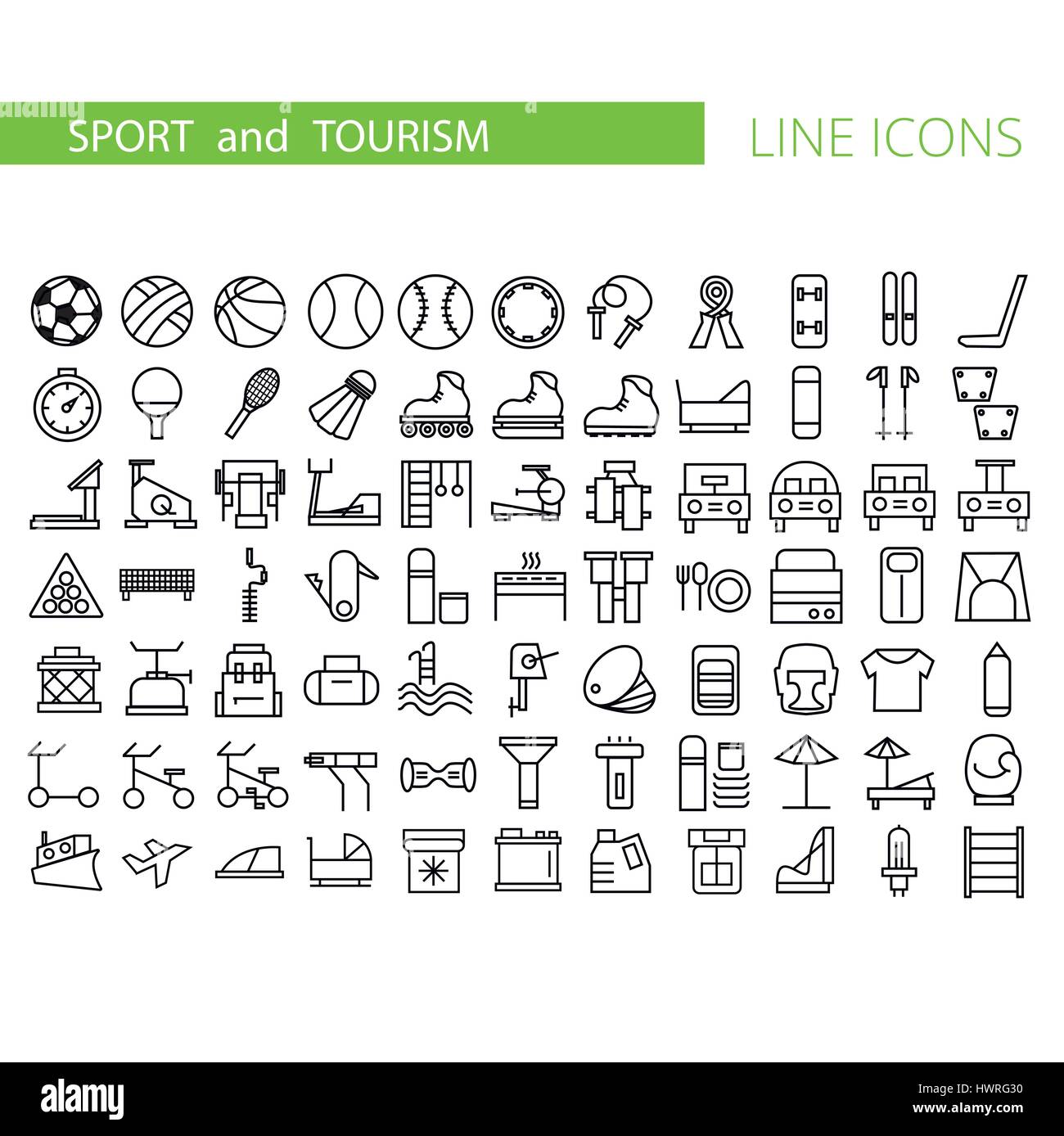 Sport and recreation flat icon set. Collection of outline symbols for ...