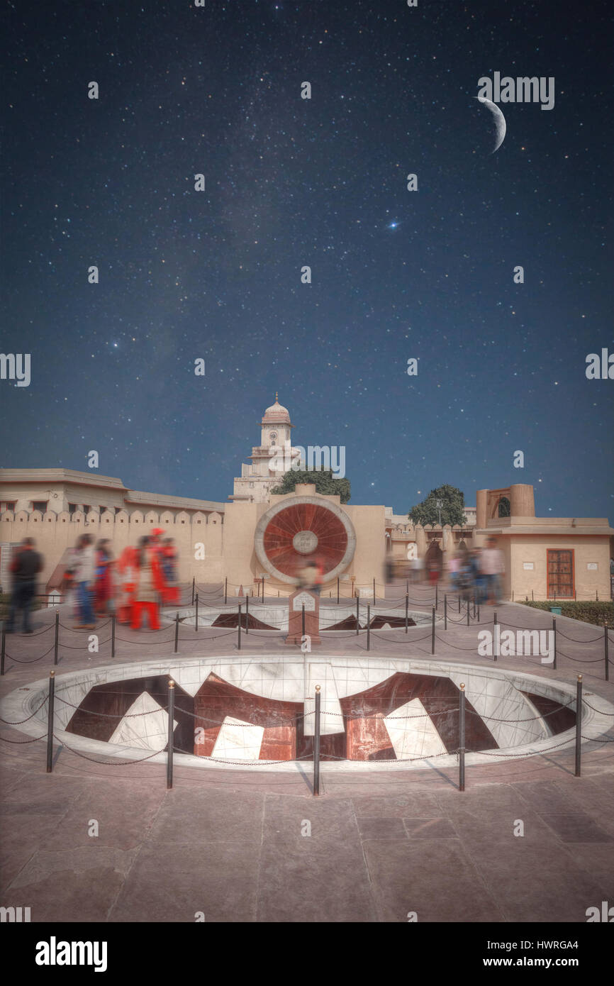 Jantar Mantar - the observatory, city of Jaipur. night shining moon and ...