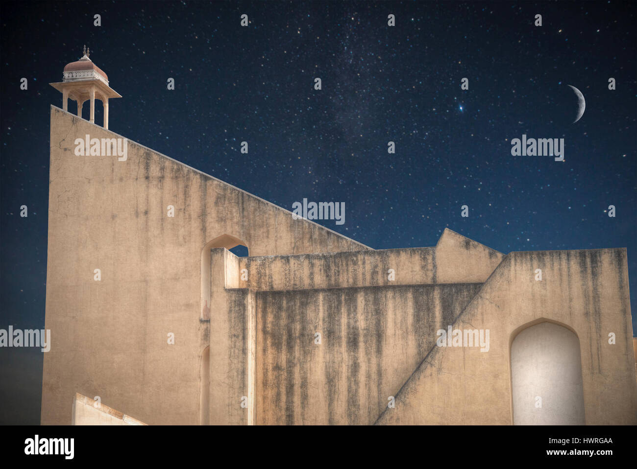Jantar Mantar - the observatory, city of Jaipur. night shining moon and ...