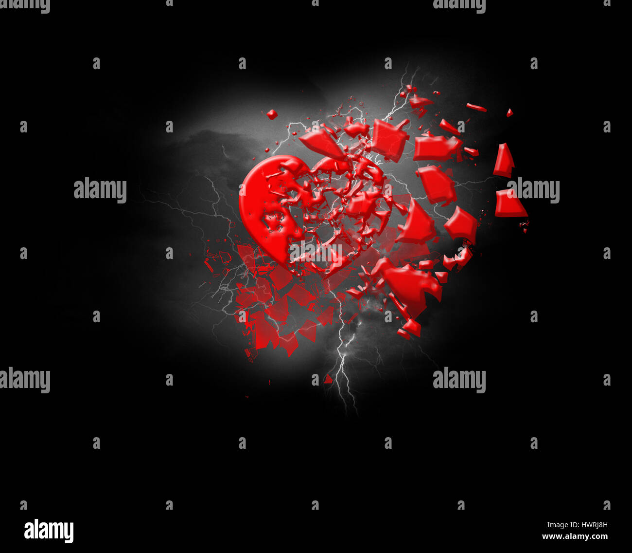 Illustration of a heart exploding by a lightning strike Stock Photo - Alamy