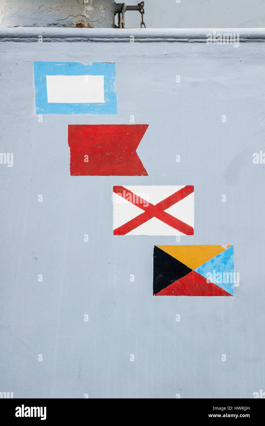 The international shipping signal flags Papa, Bravo, Victor and Zulu ...