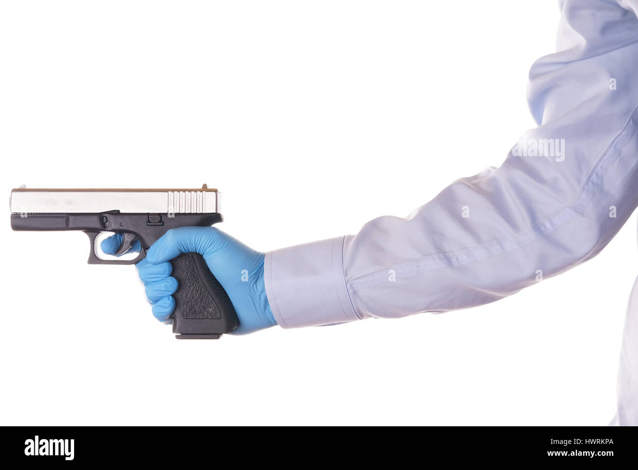 Stock Photo - Hand and arm holding gun isolated on white, blue nitrile ...