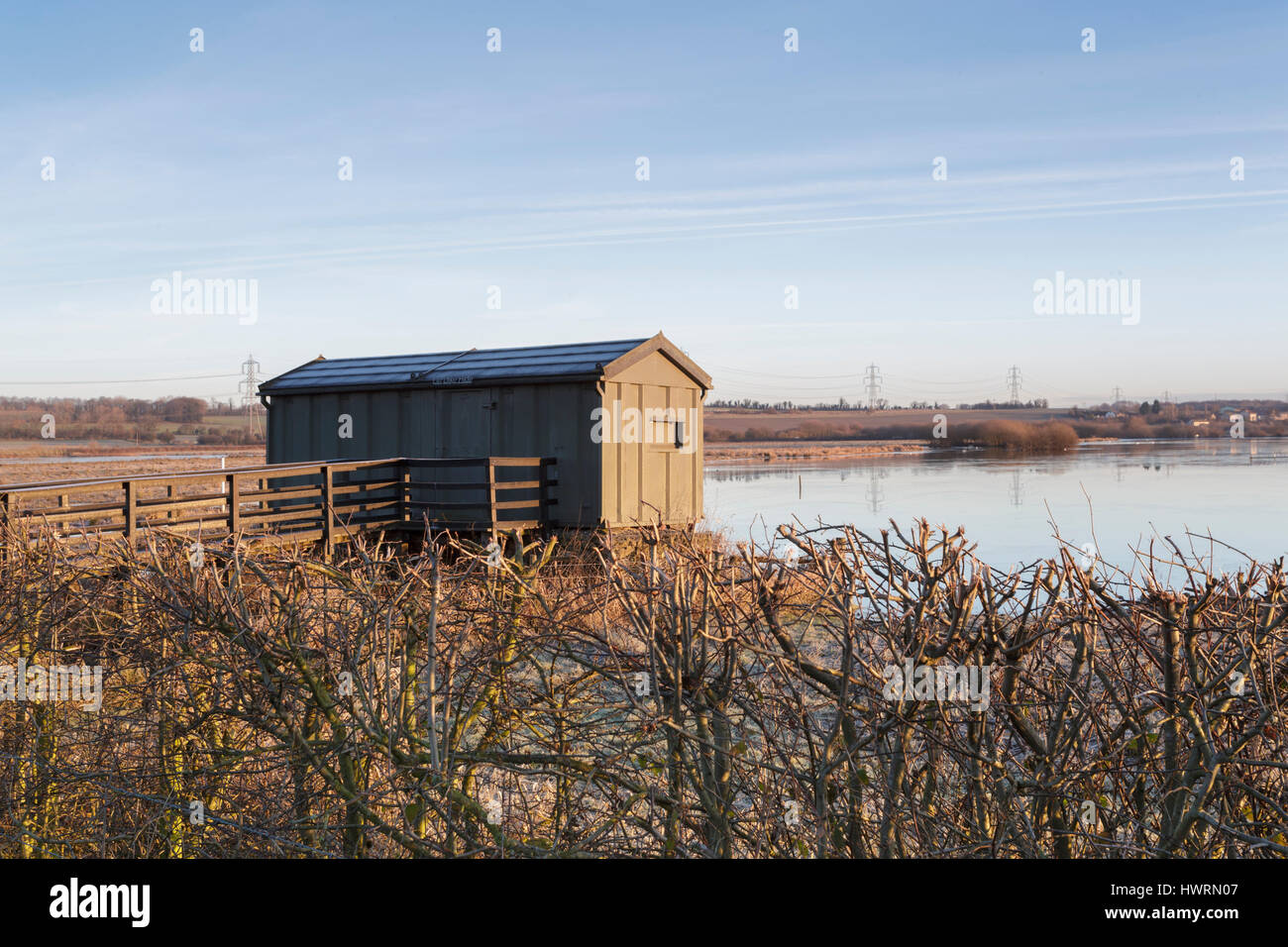 Footpath, Common Hawthorn (Crataegus monogyna) hedge and bird hide, Lin ...
