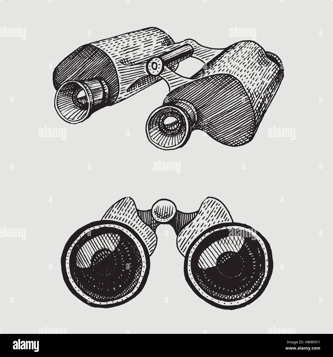 Binocular monocular vintage, engraved hand drawn in sketch or wood cut ...