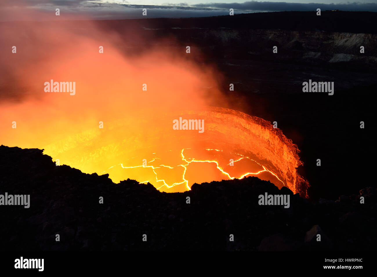 inside view of an active volcano with lava flow in Volcano National ...