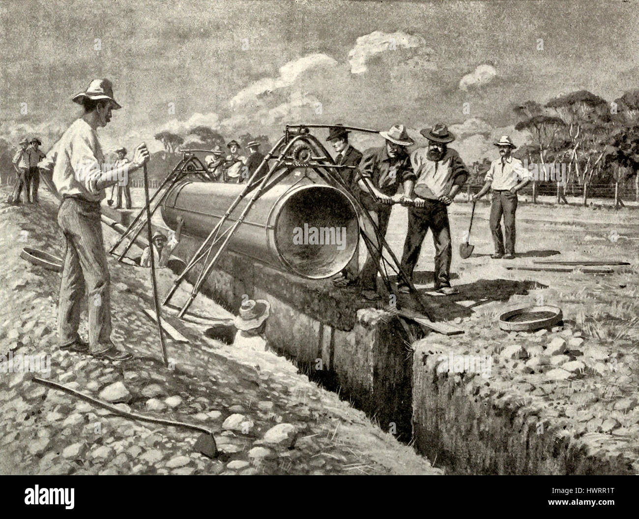 Lowering the Pipe into a Trench - Building an aqueduct, circa 1900 ...
