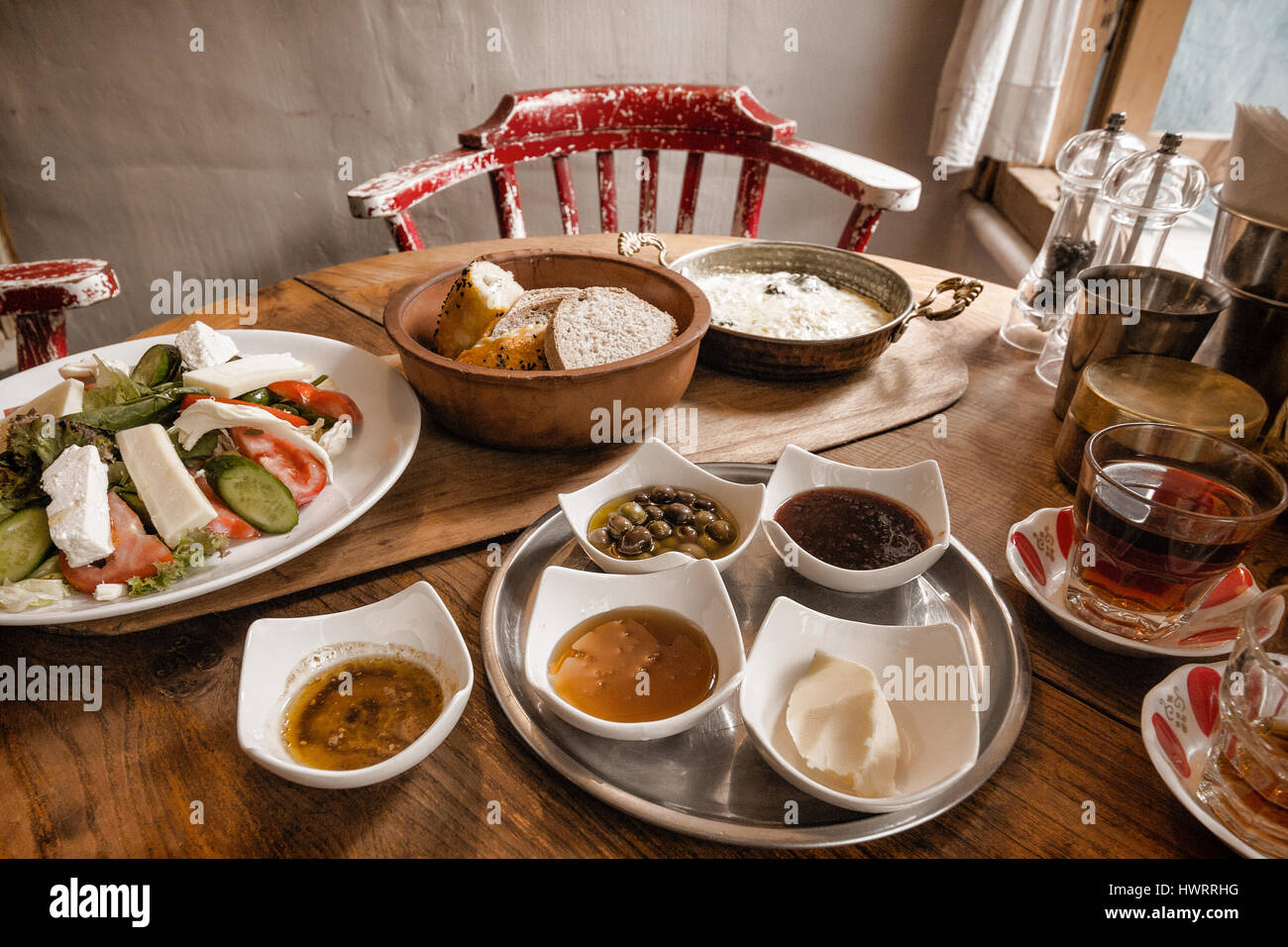 A traditional Turkish Anatolian breakfast in a cozy cafe in Istanbul ...