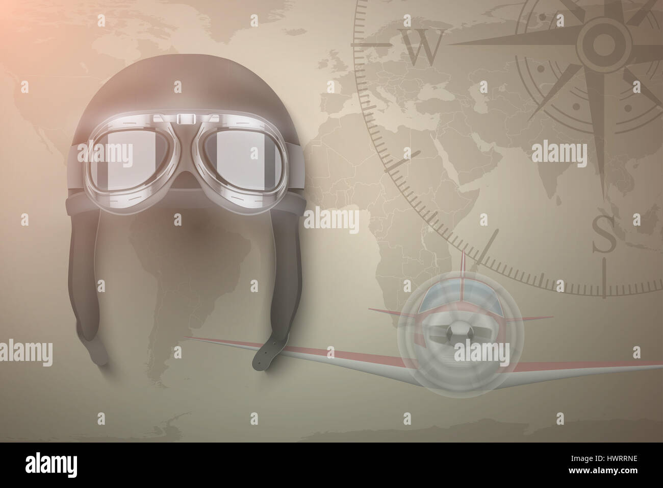 Background of Aviator and aircraft. Helmet on map. Aviation background ...