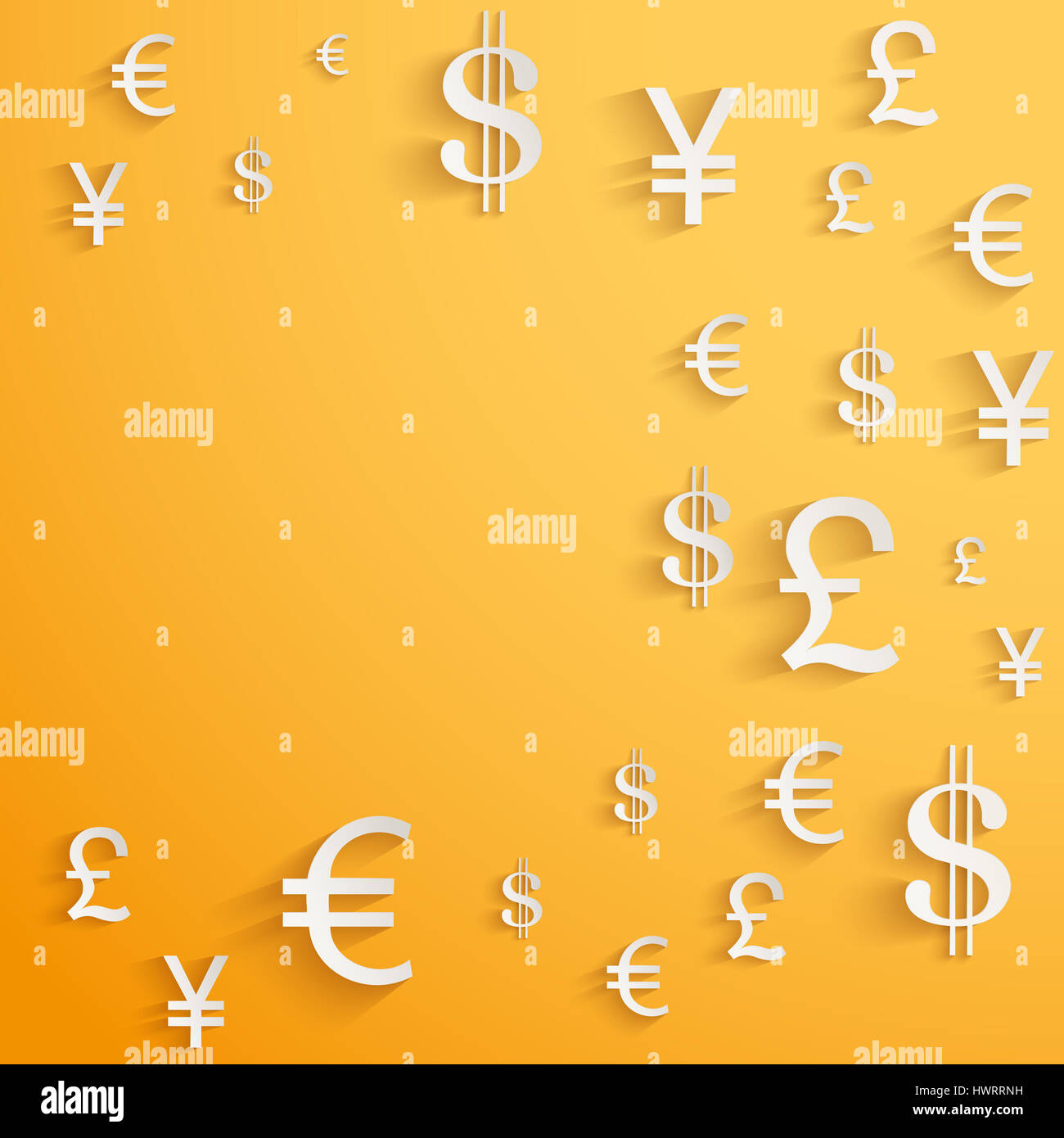 Currency symbol on bright bright orange background with space for text ...