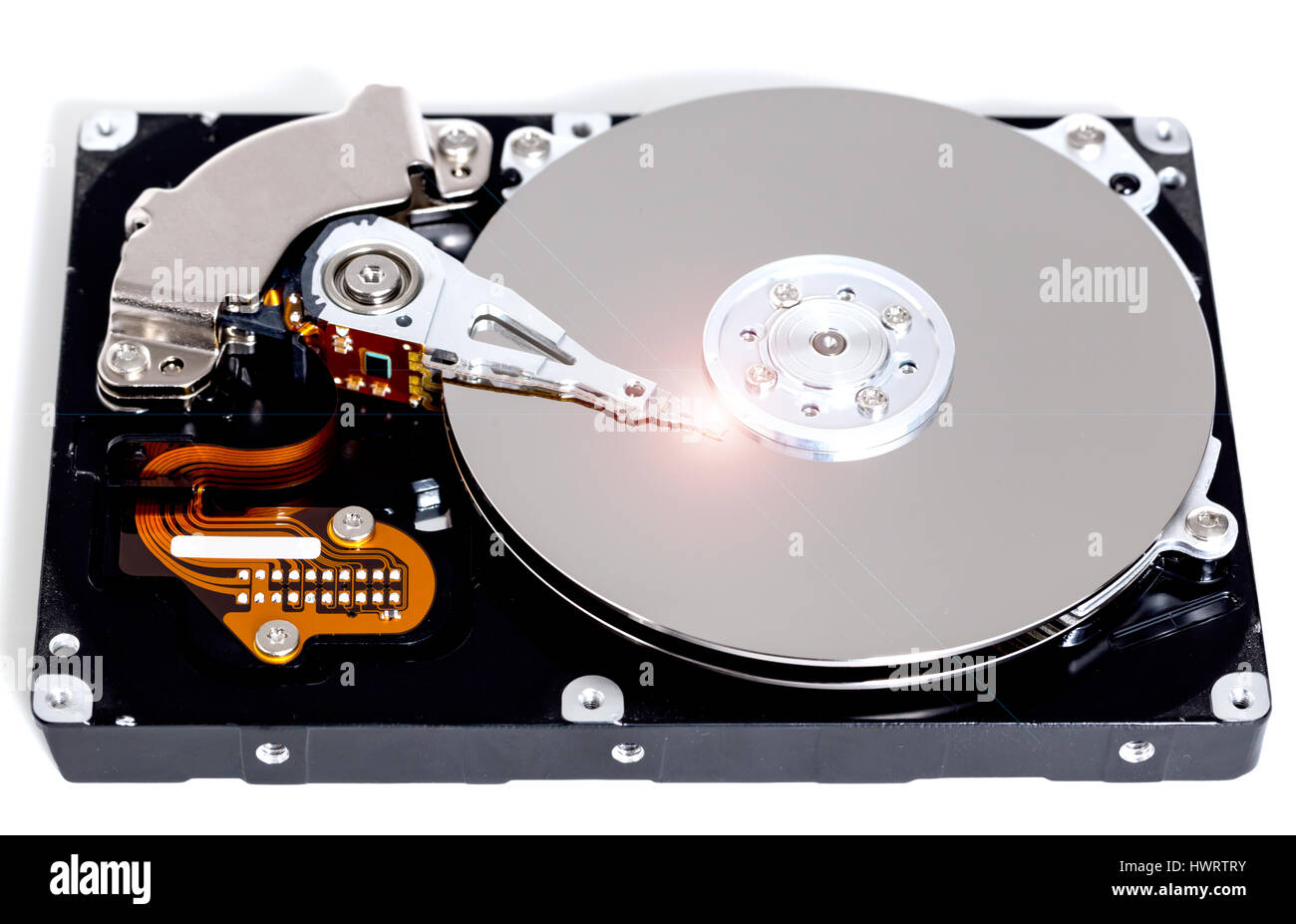 Open hard drive against white background Stock Photo - Alamy