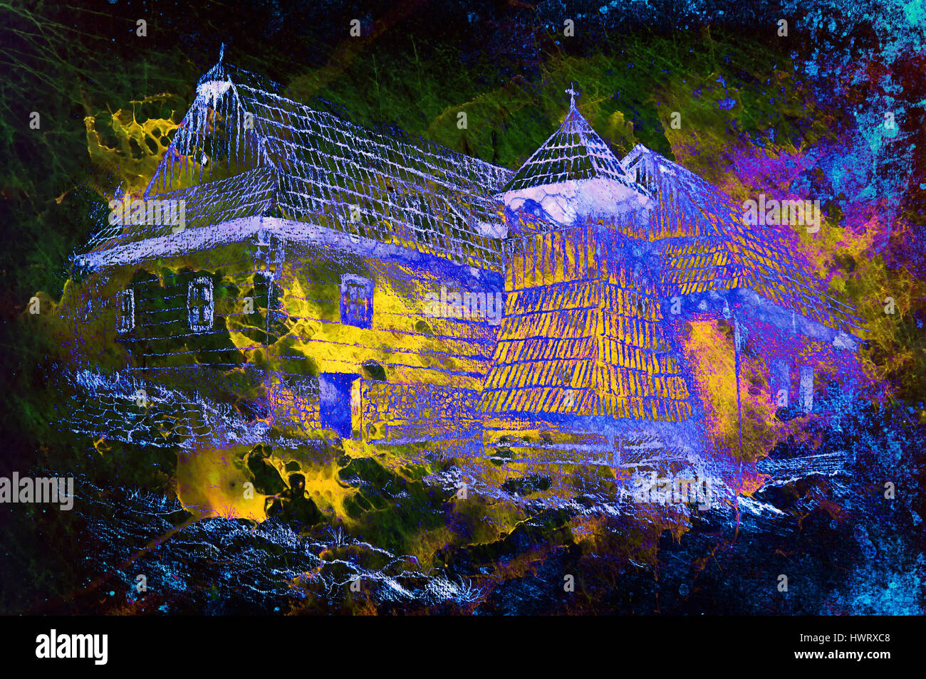 idylic willage houses with wooden belfry, pencil drawing on paper with ...