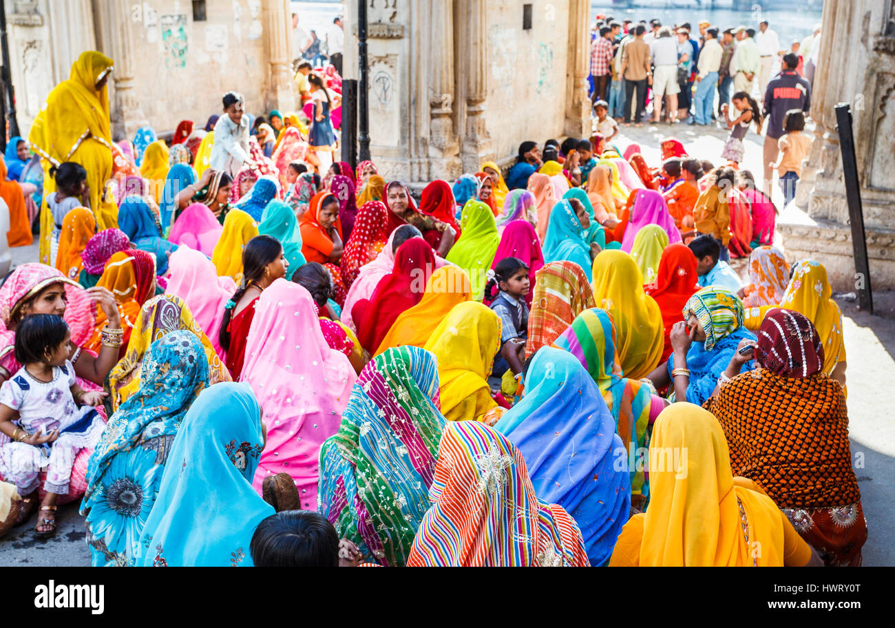 Group of local Indian women, wedding guests in colourful local dress ...