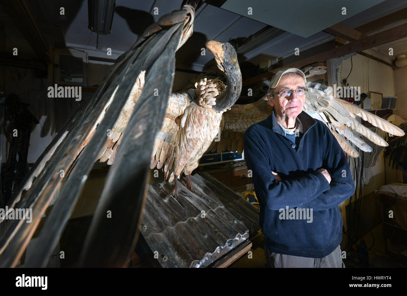 Artist Nick Johnson in his Lewes workshop with two giant sculptures of ...