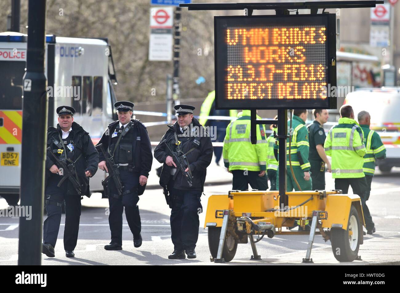Emergency personnel on Westminster Bridge, close to the Palace of ...