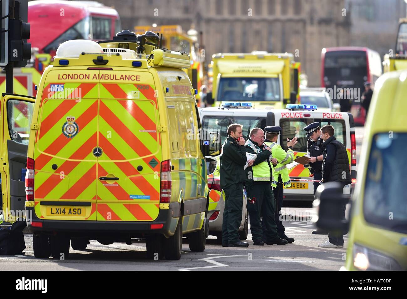 Emergency personnel on Westminster Bridge, close to the Palace of ...