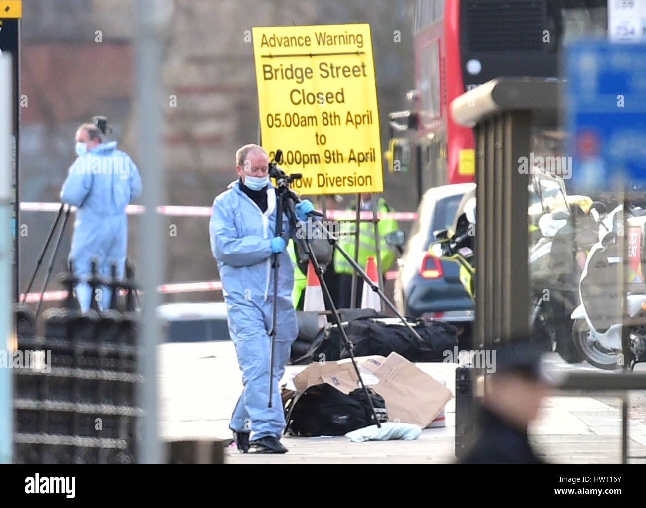 Police forensic officers on Westminster Bridge, close to the Palace of ...