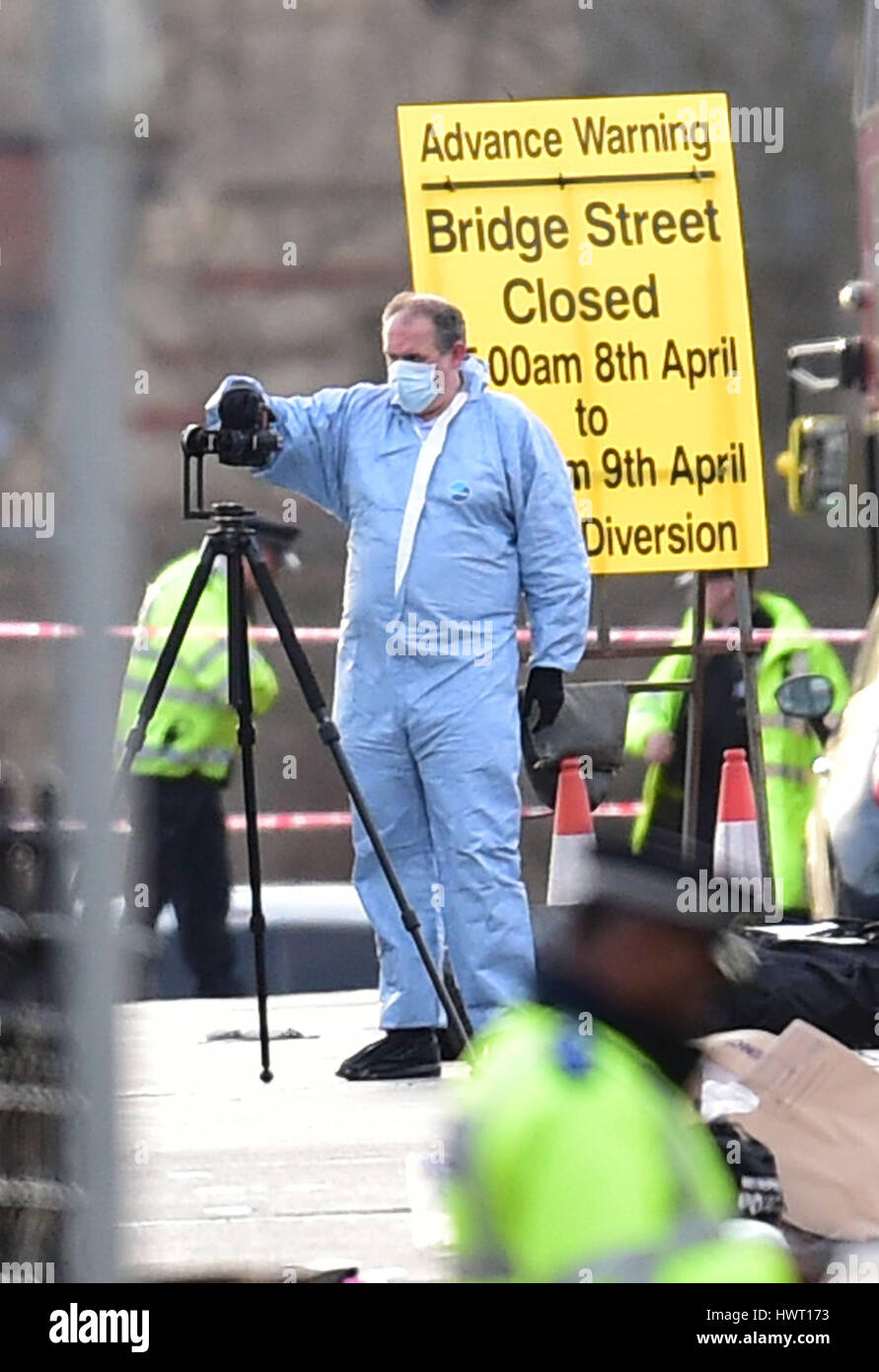 Police forensic officers on Westminster Bridge, close to the Palace of ...
