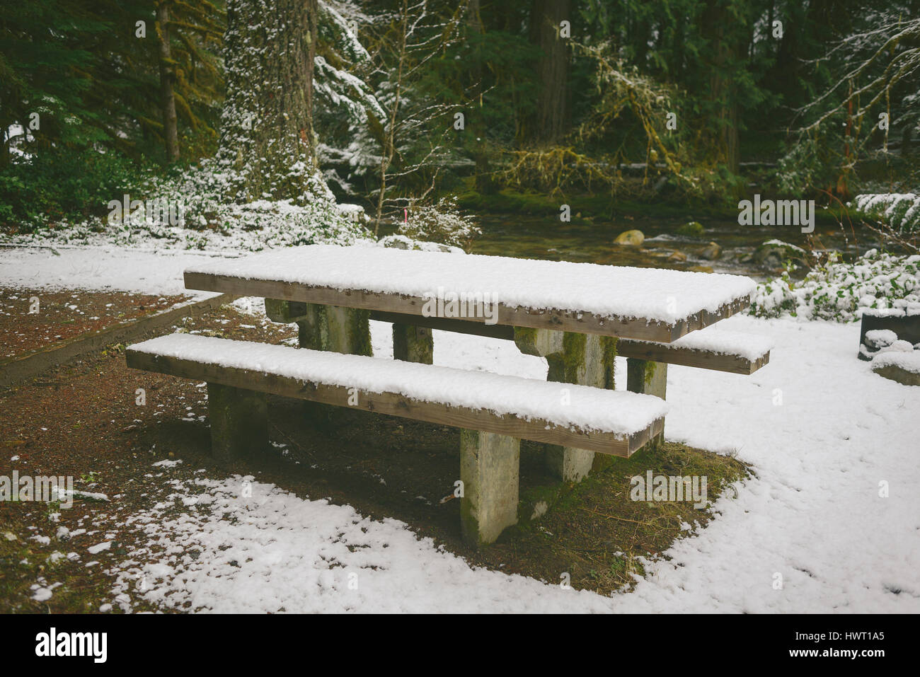 Snow covered picnic bench by river in forest Stock Photo - Alamy