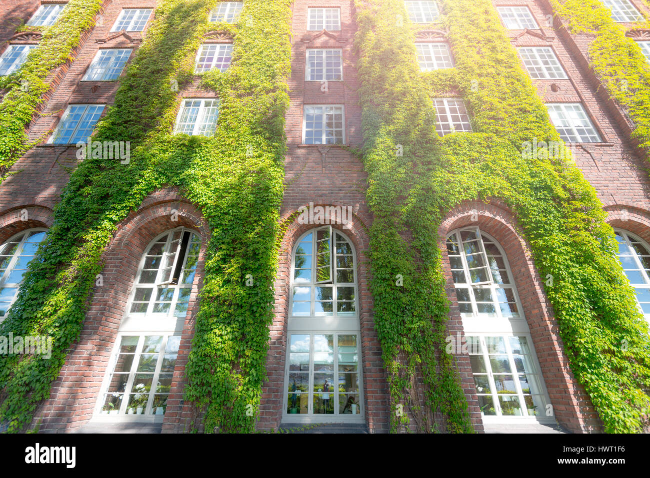 Wall of city hall (stadshuset) building covered by green in Stockholm ...