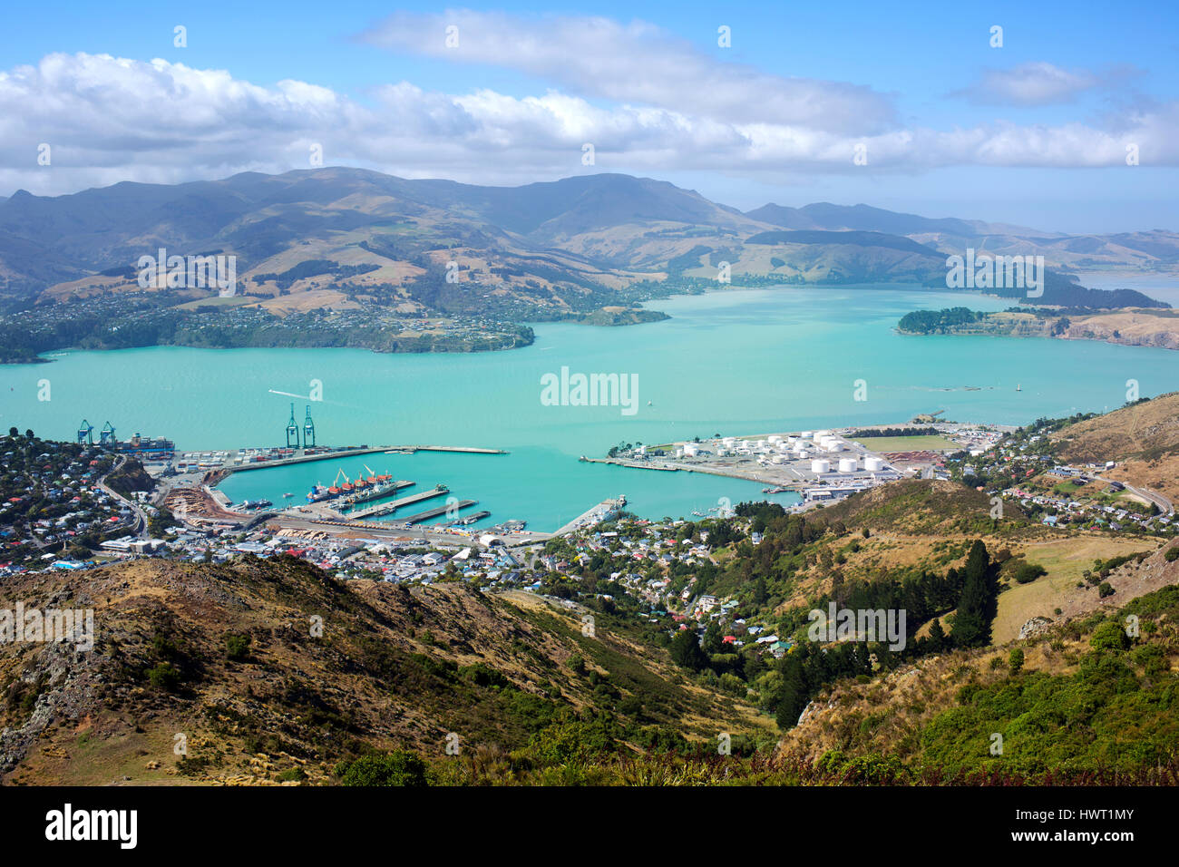 Aerial view of Lyttelton Harbour amidst landscape on sunny day Stock ...